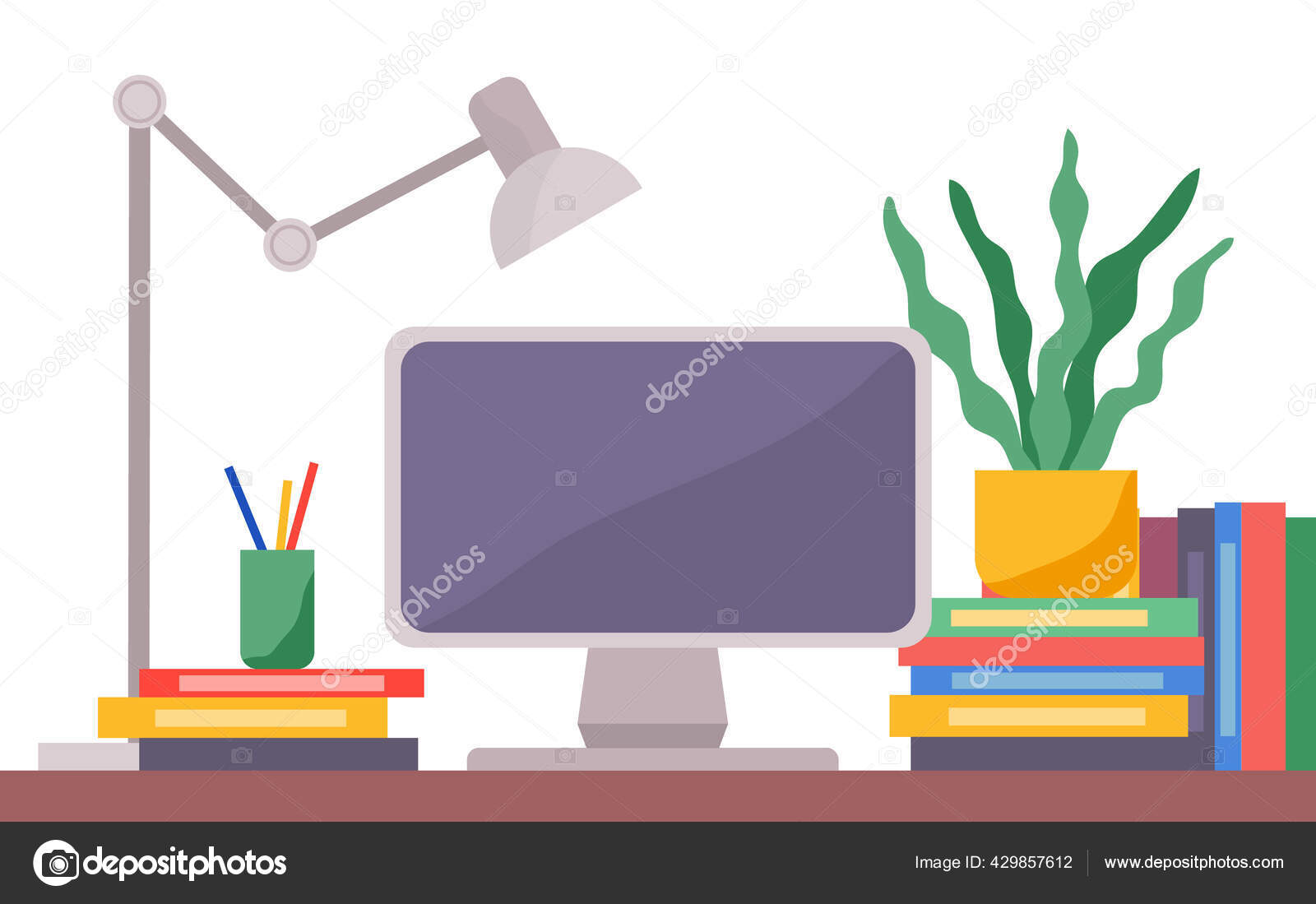 Modern workplace flat design, school desk, student table with a ...