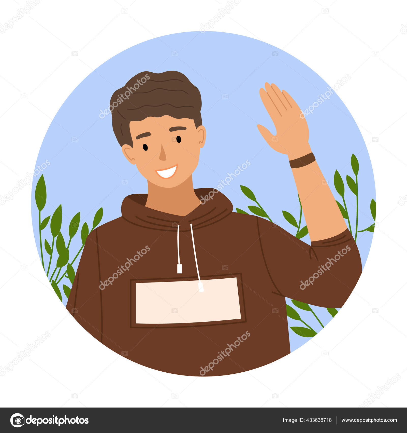 Handsome boy is waving hand. Male character shows greeting gesture with ...