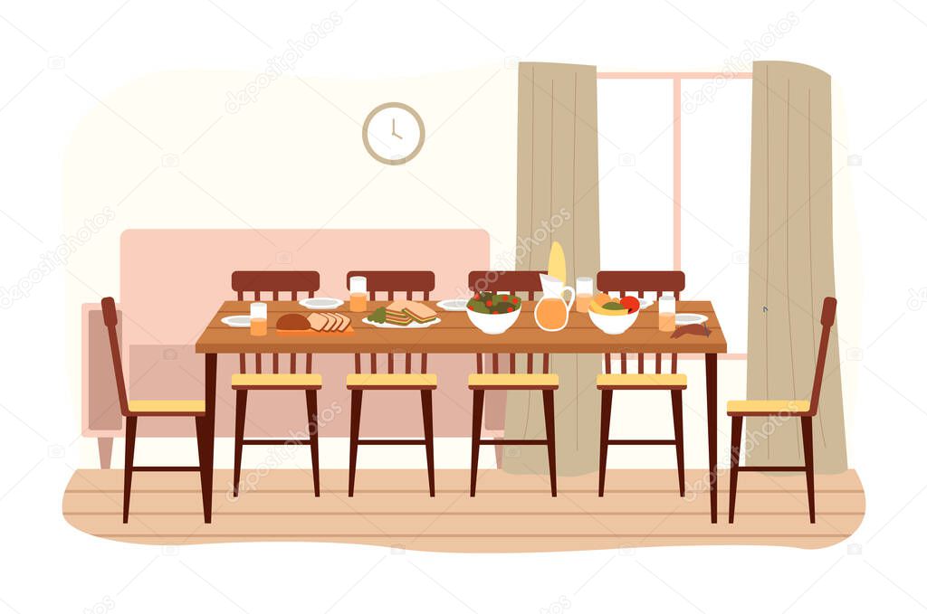 El diseño del comedor ilustración vectorial plana. Mesa de comedor con ...