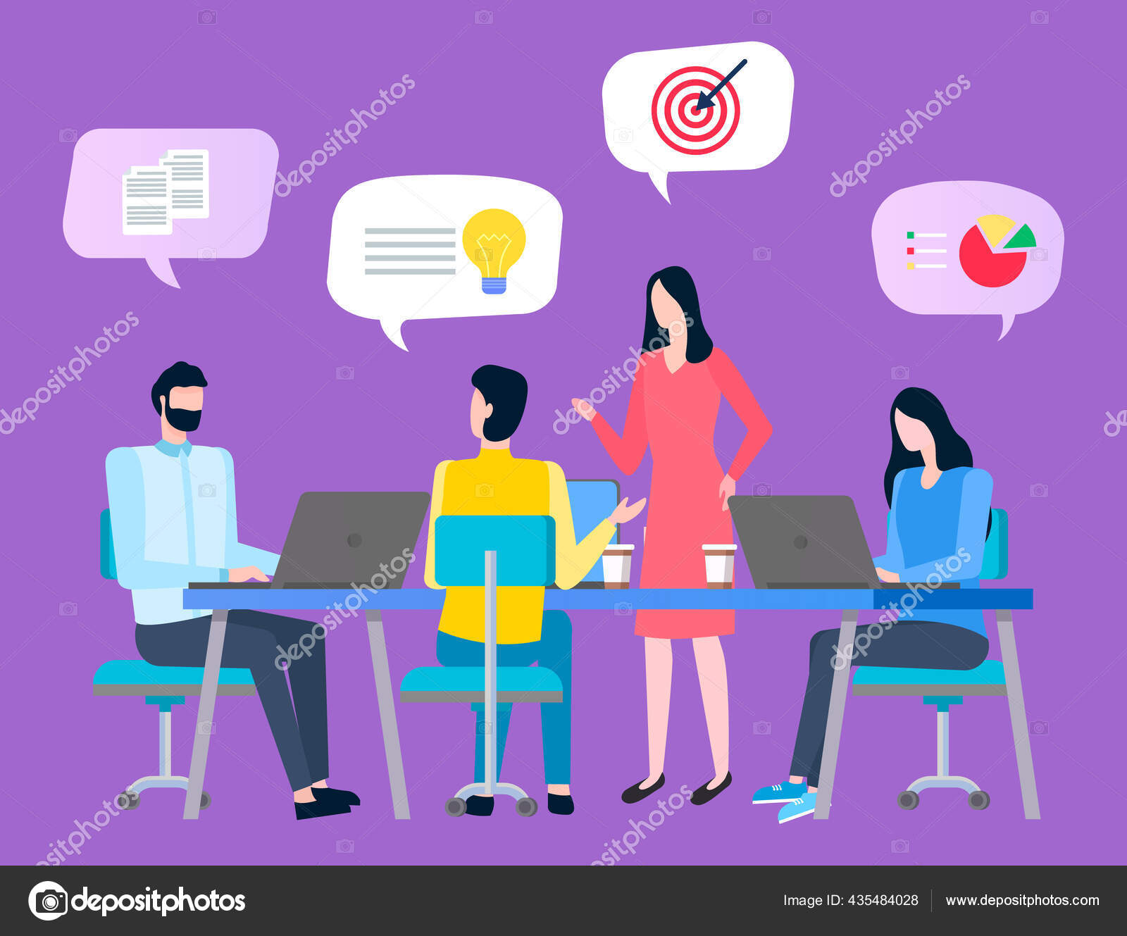 Employee Working with Pc, Teamwork Strategy Vector Stock Vector by ...