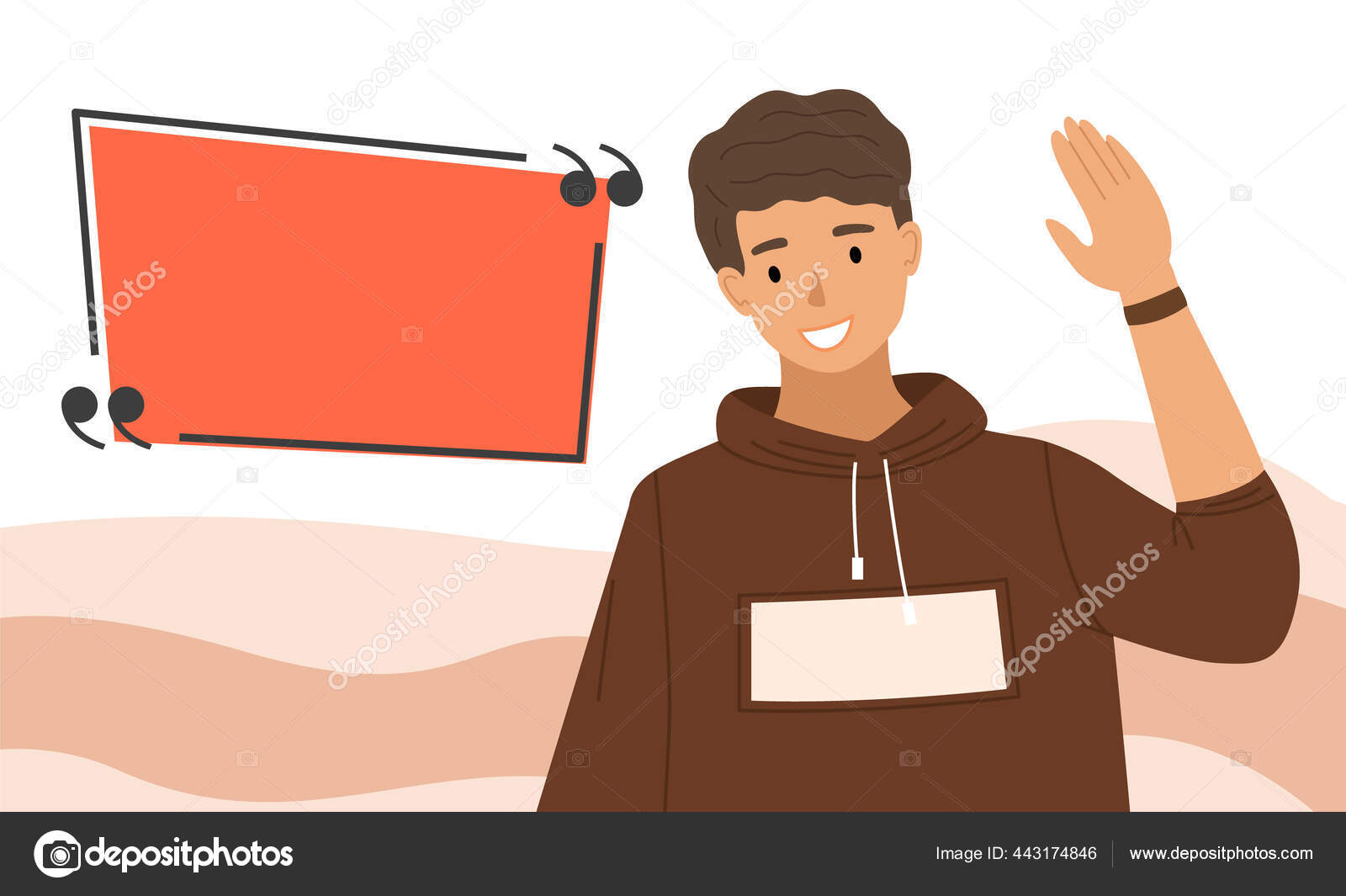 Handsome guy waving his hand. Male character shows greeting gesture on ...
