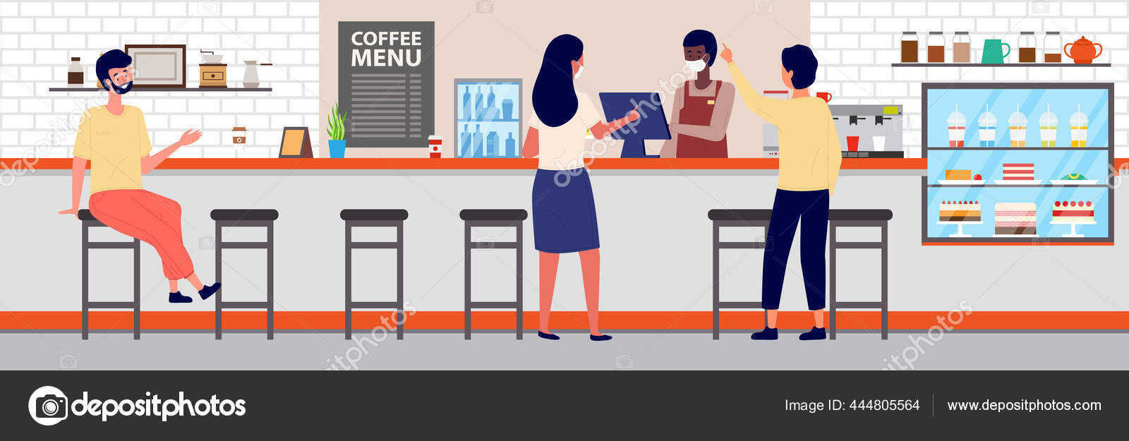 People are ordering food in canteen. Coffee shop with barista standing ...