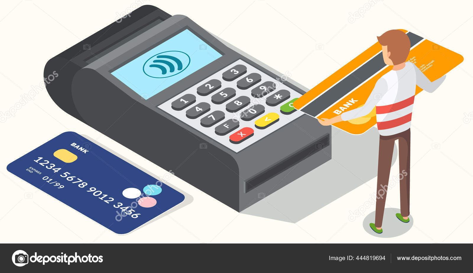 Pos terminal confirms the payment by debit credit card with a tiny man ... Pos terminal confirms the payment by debit credit card with a tiny man ...