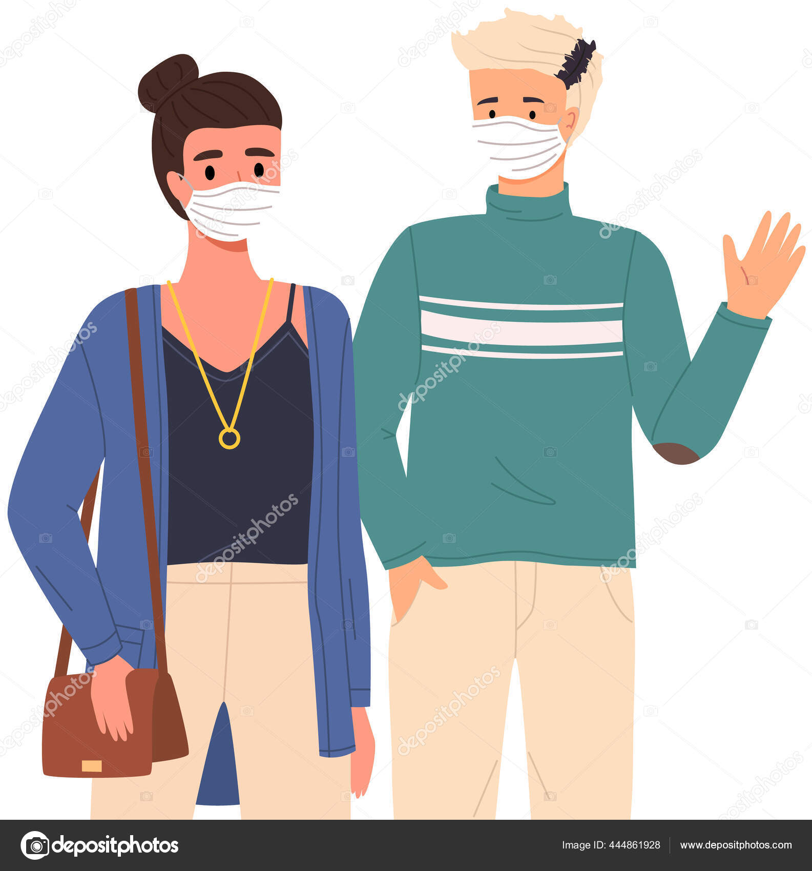 Man and woman are wearing medical masks. Couple on self-isolation ...