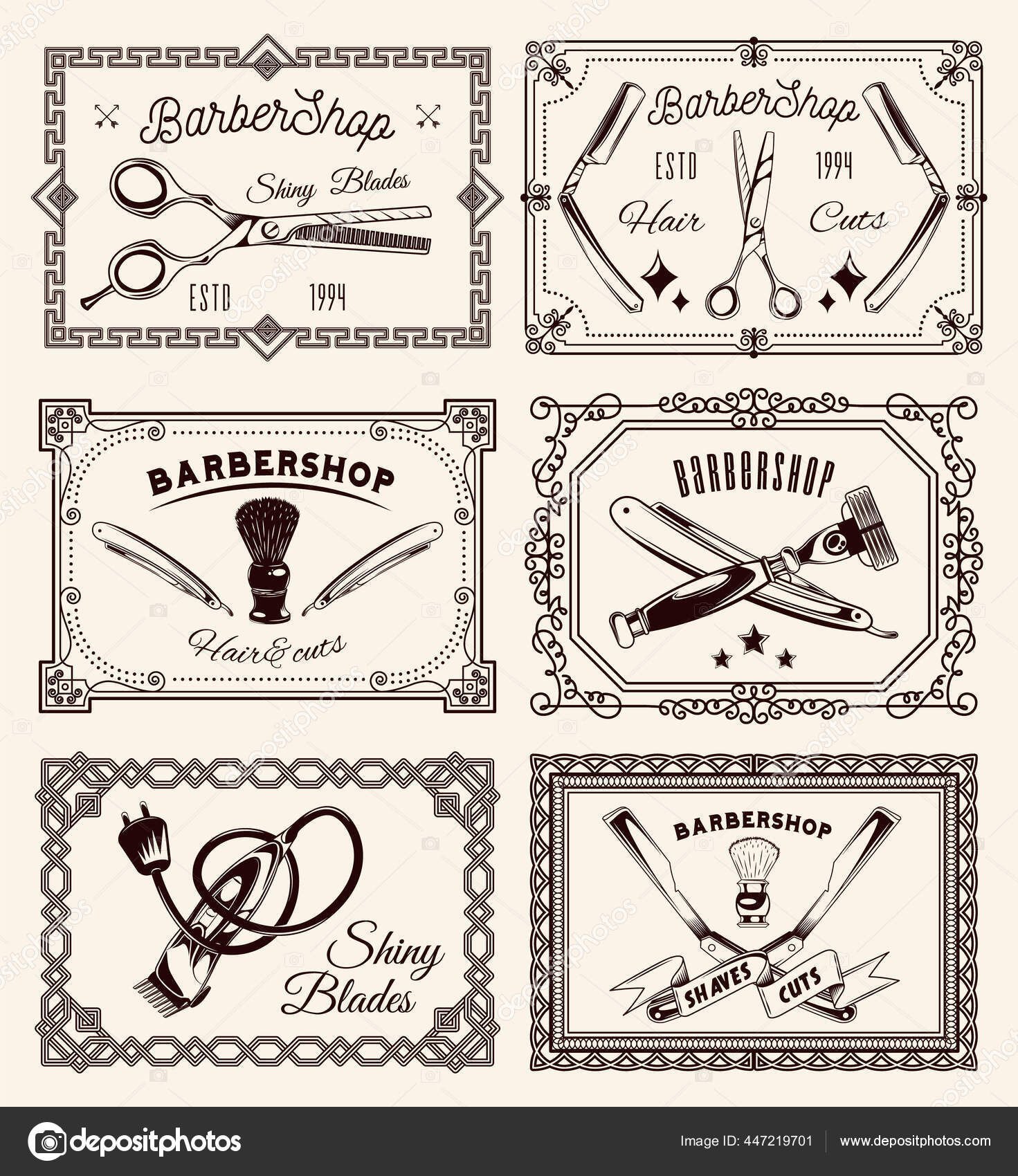 Vintage boards in different frames, scissors, razor blades, shaving ...