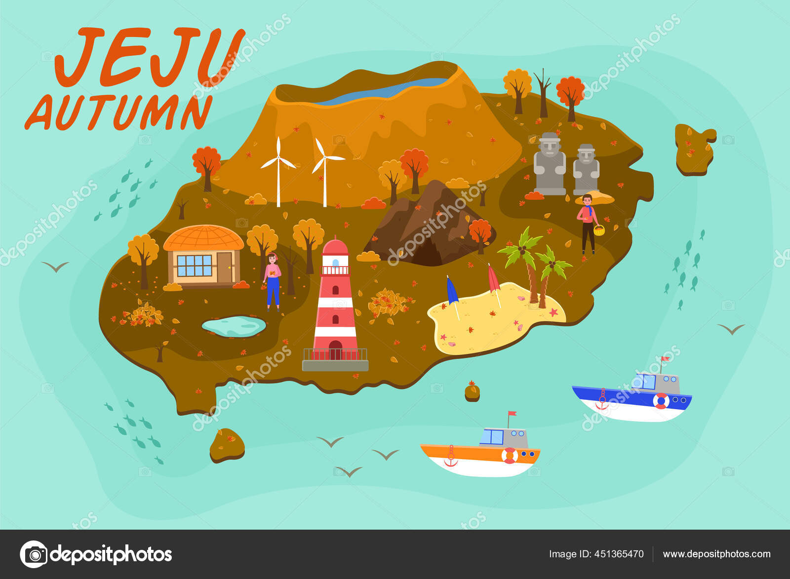 Jeju island travel map illustration, Attractions in flat design. Autumn ...
