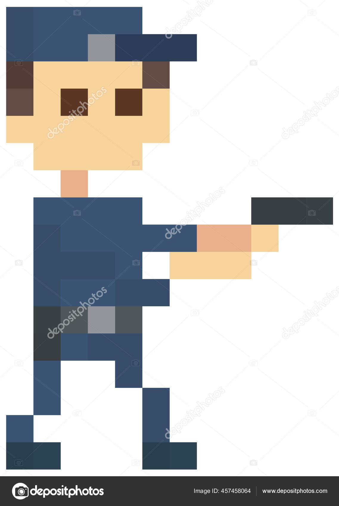 Pixel police man with pistol. Officer stands in blue uniform. Pixel ...