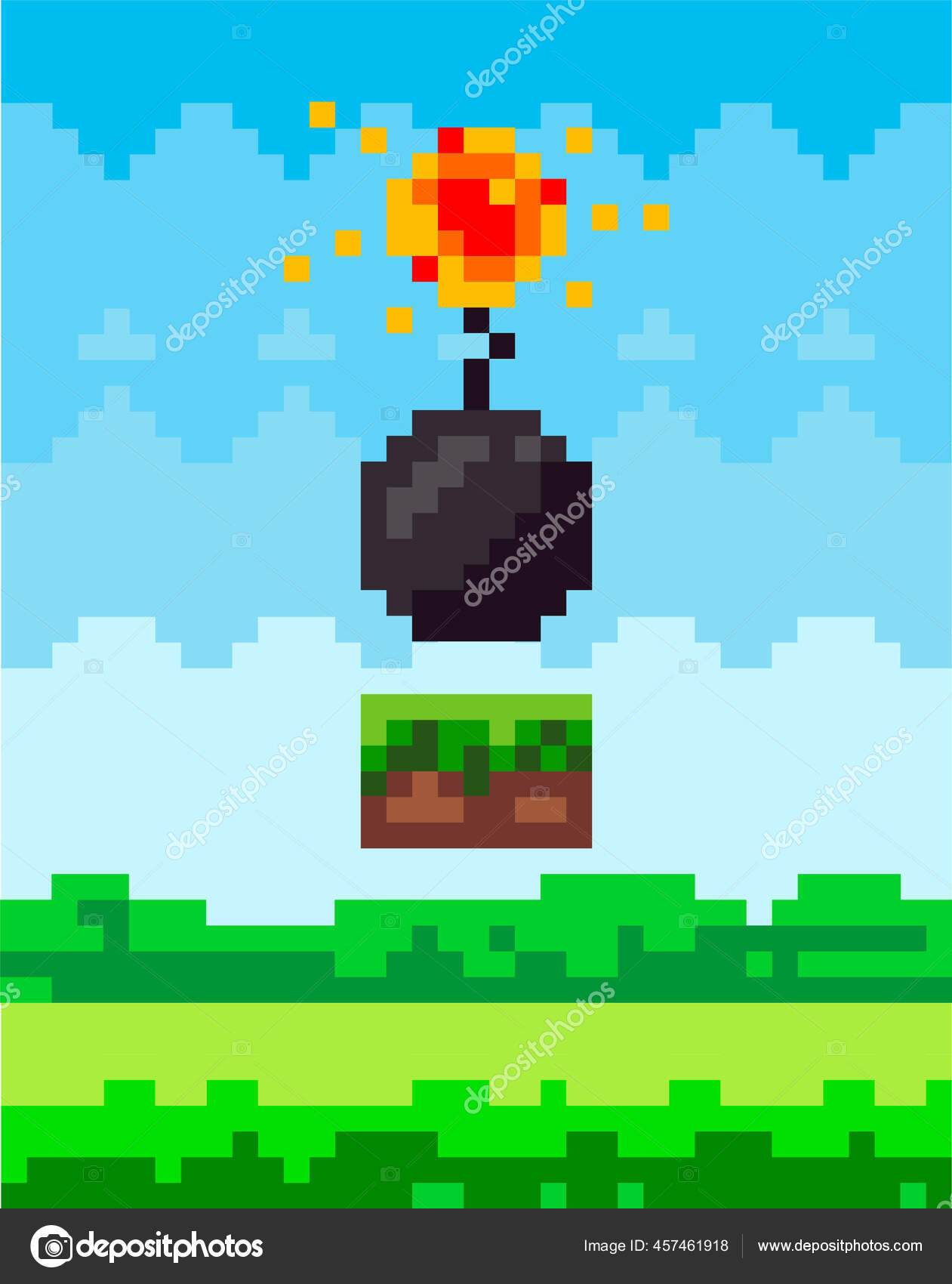 Pixel art style scene vector bomb for retro pixel-game. Black round ...