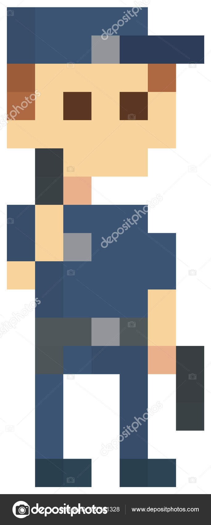 Pixel police man with pistol. Officer stands in blue uniform. Pixel ...