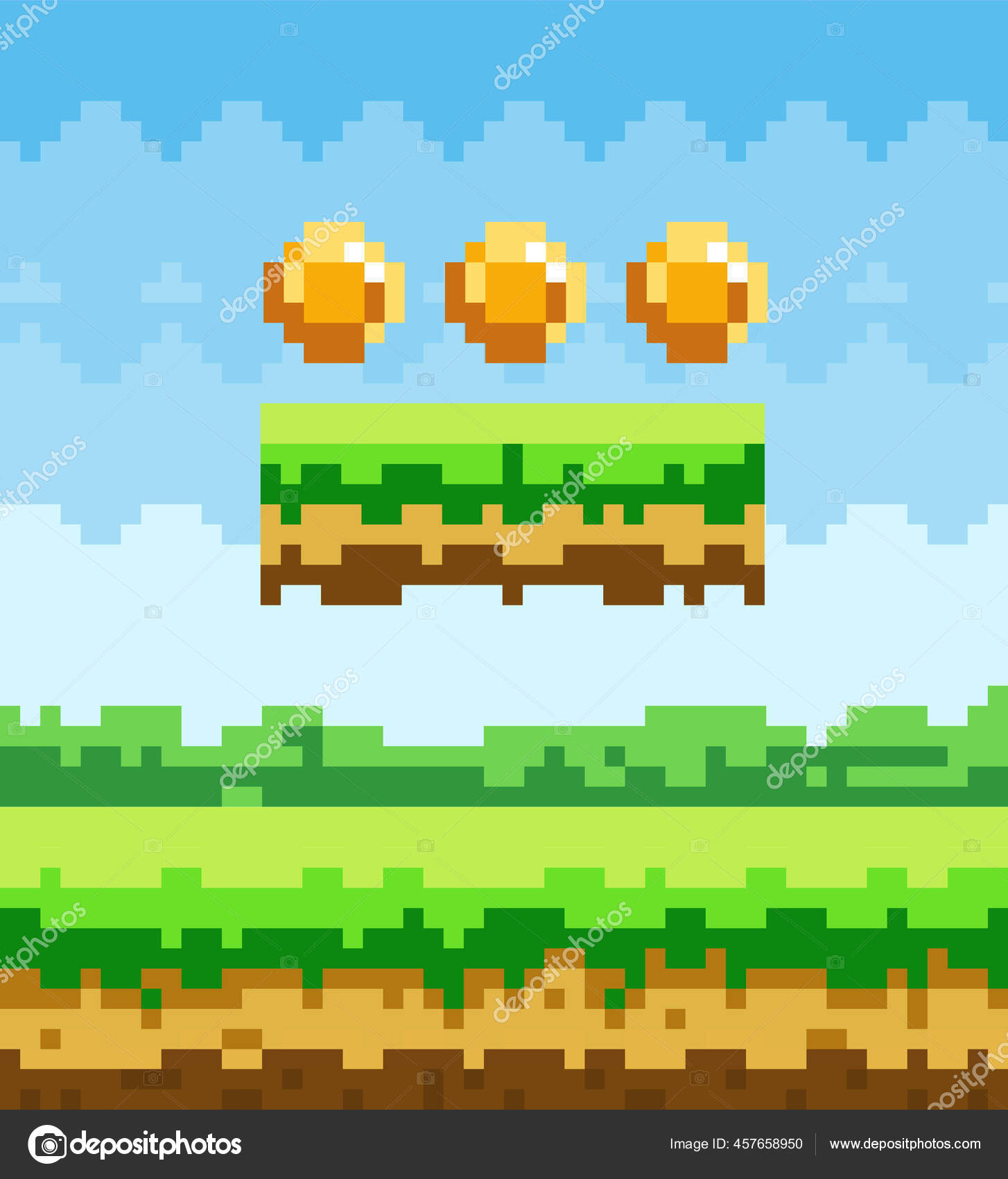 Pixel-game background with coins in the sky. Pixel art game scene with award on green grass ...