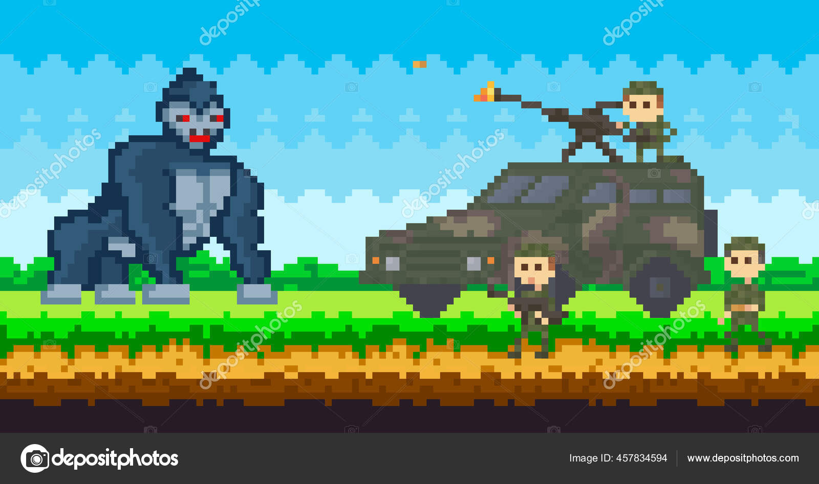 Pixel machine with military fighting big monkey. Pixel-game scene with ...