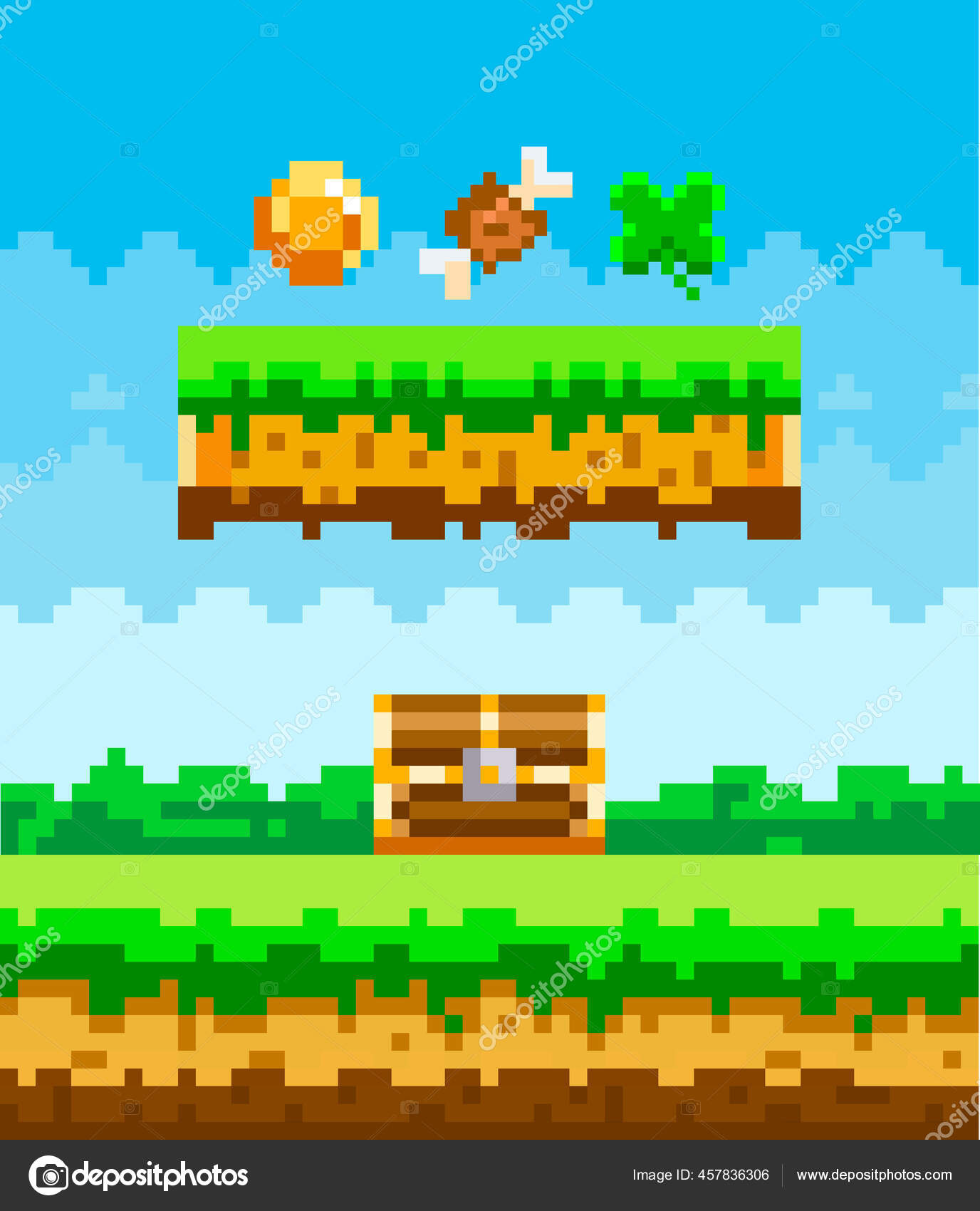 Pixel game interface layout design with coin leaf chest and meat bone ...