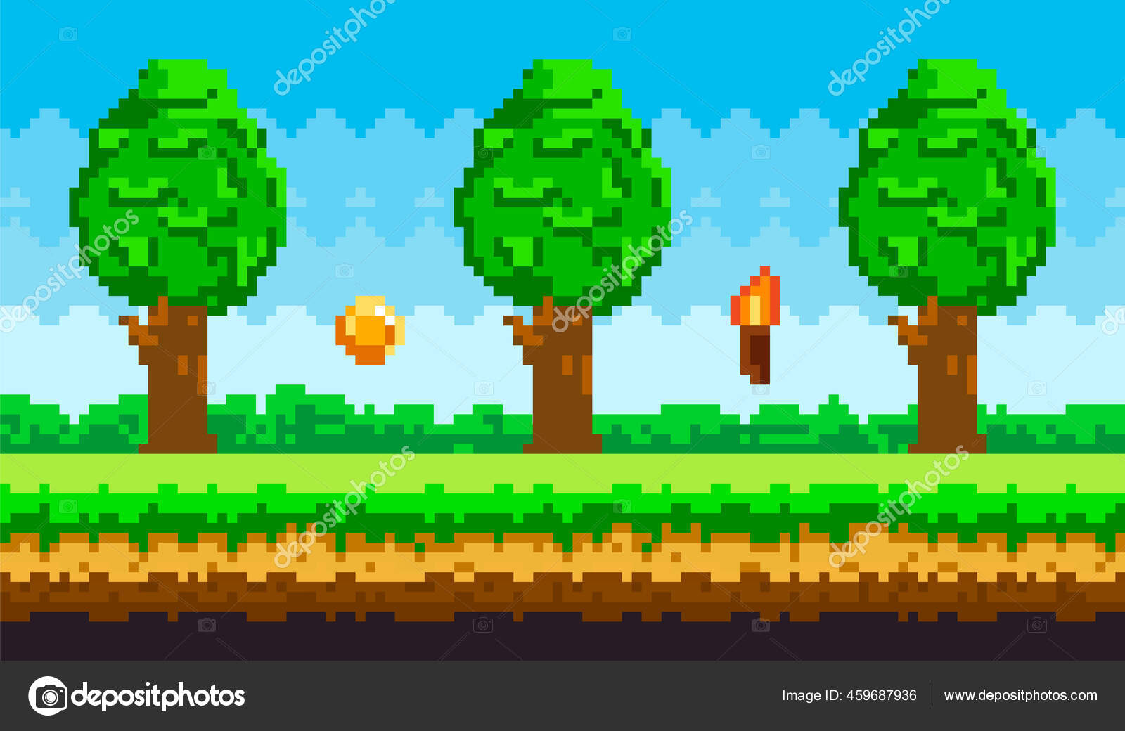 Pixel-game fundo com moedas voando no céu. Pixel arte cena do jogo com ...