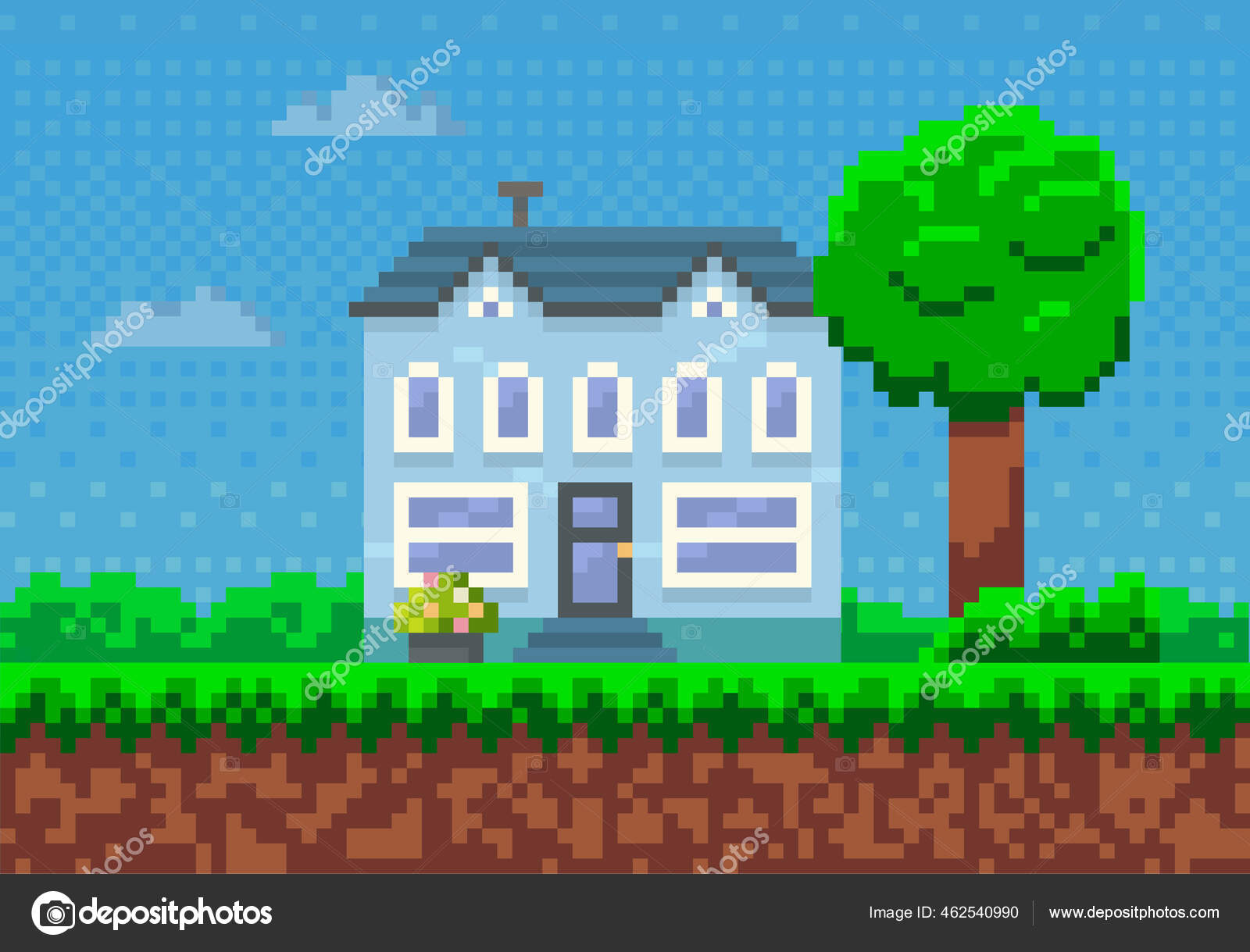 House surrounded by green spaces and plants. Building with many windows ...