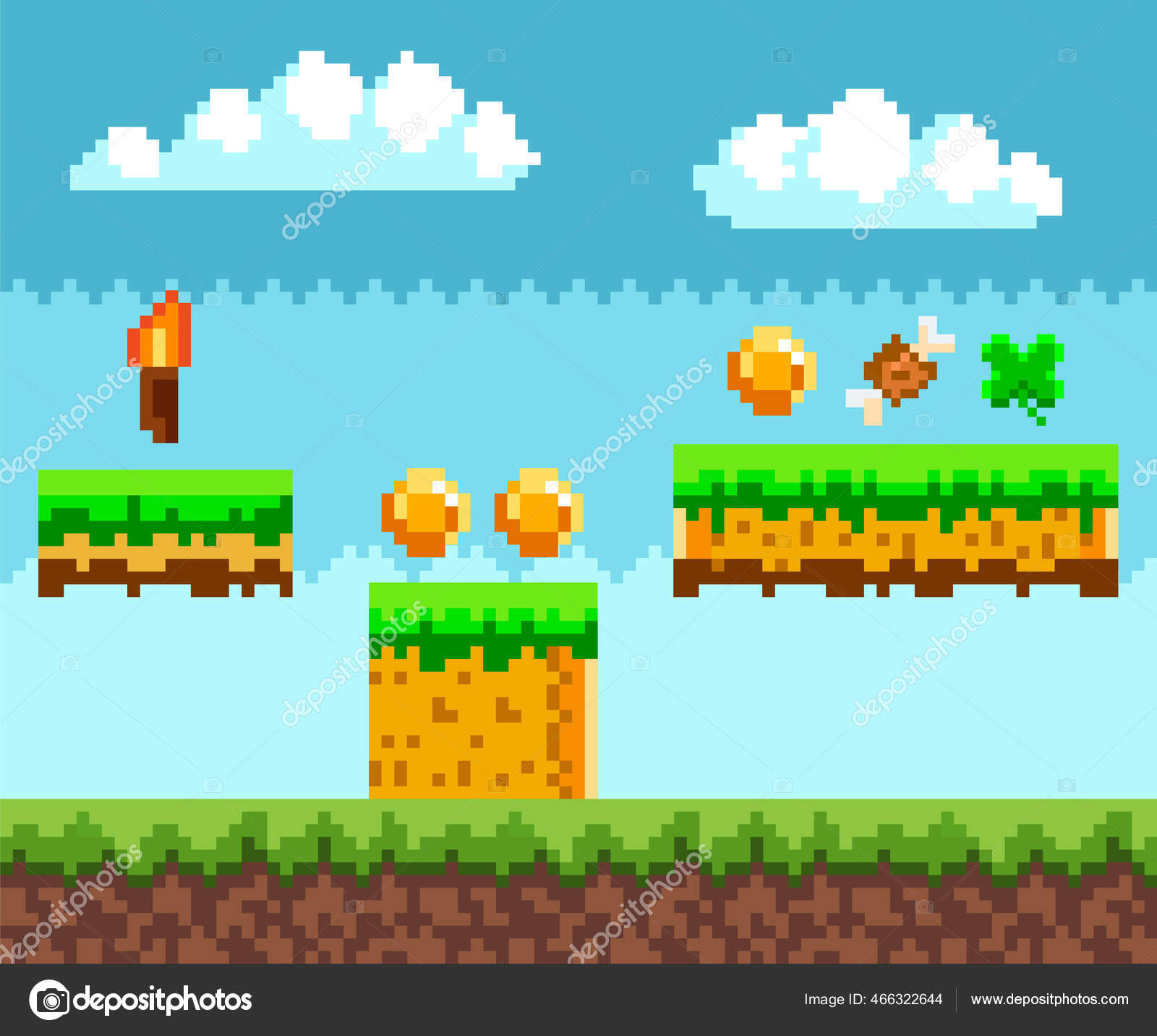 Pixel-game scene with grass, trees and awards for player golden coins ...