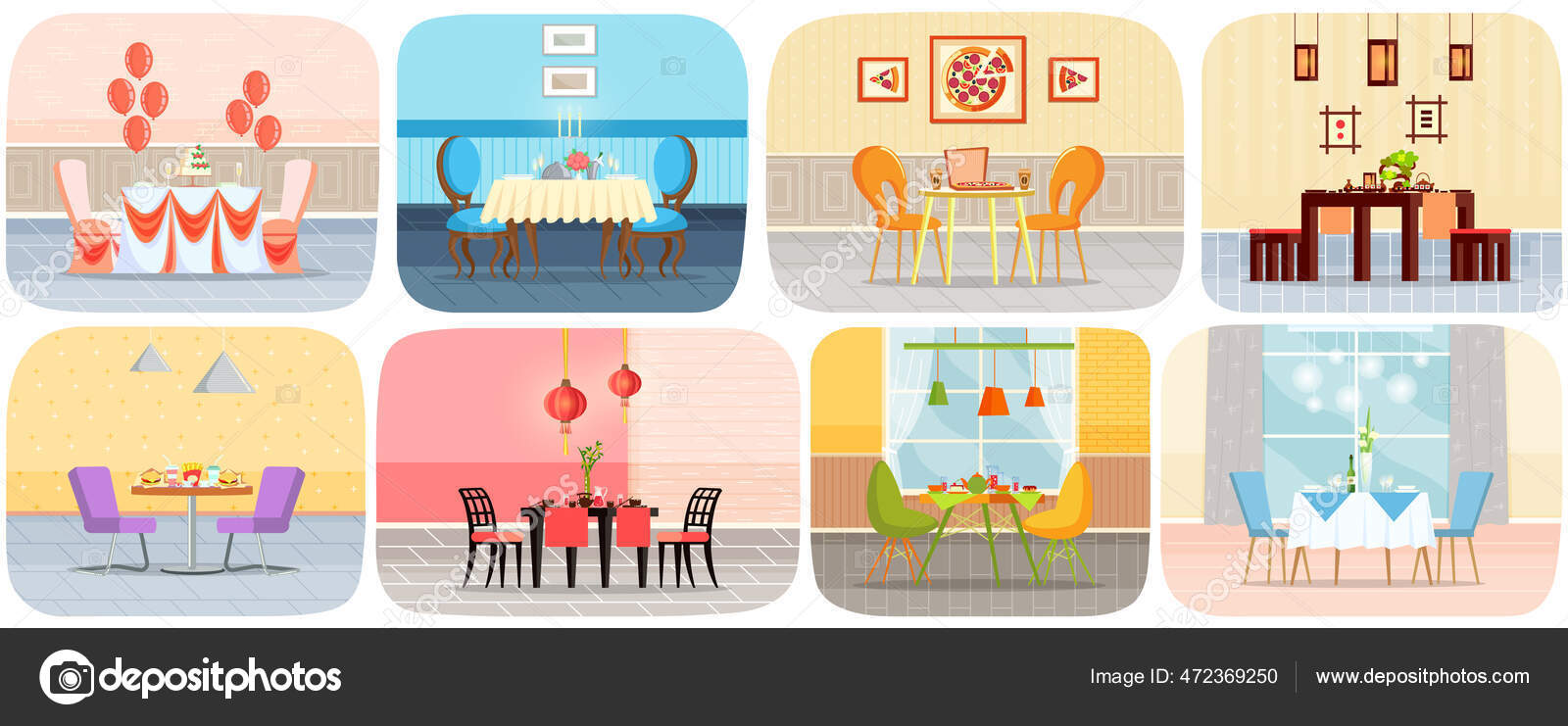 Set of illustrations about restaurant table. Furniture and interior ...