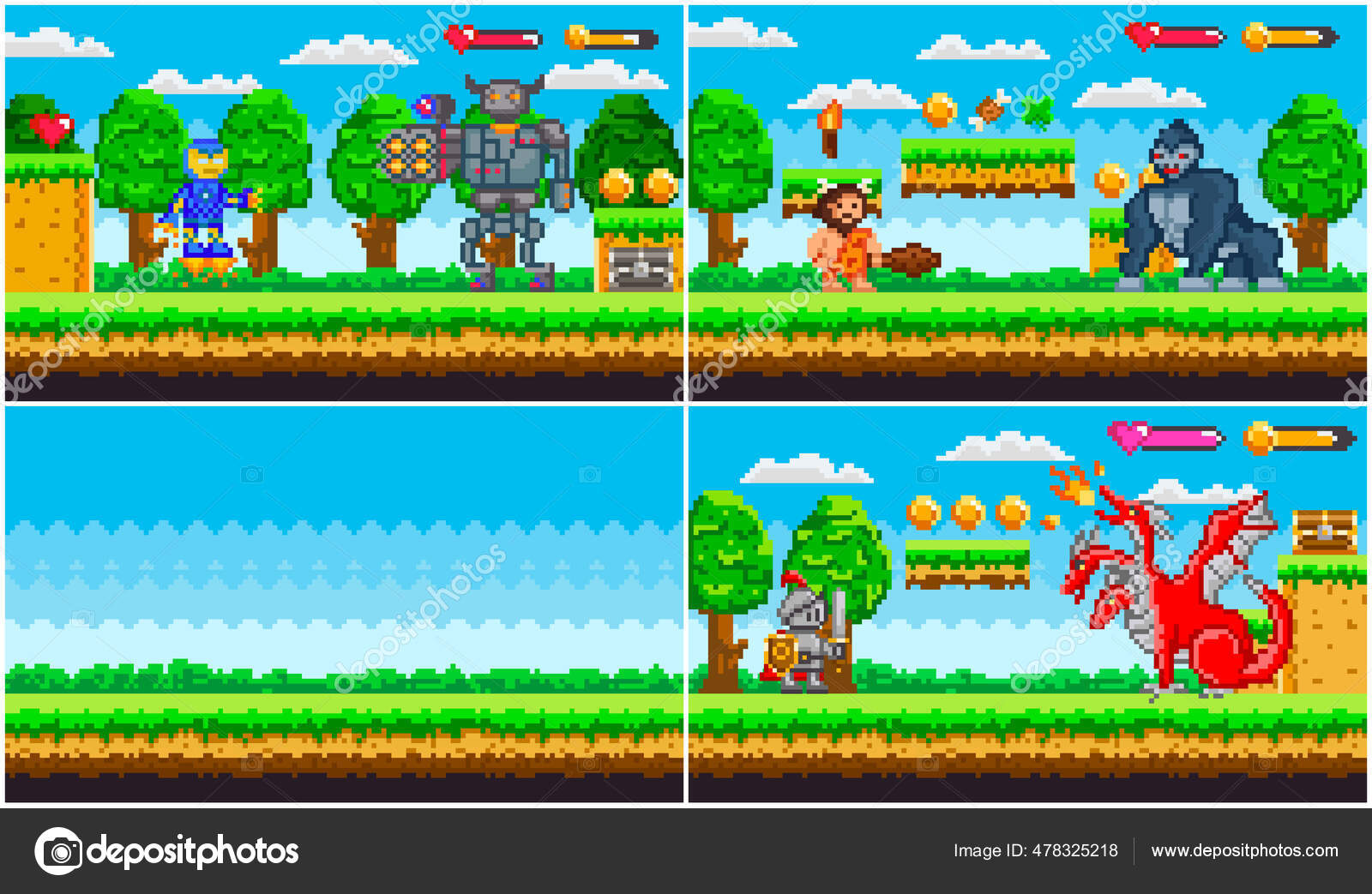 Set of illustrations on theme of pixel game, arcade about fights ...