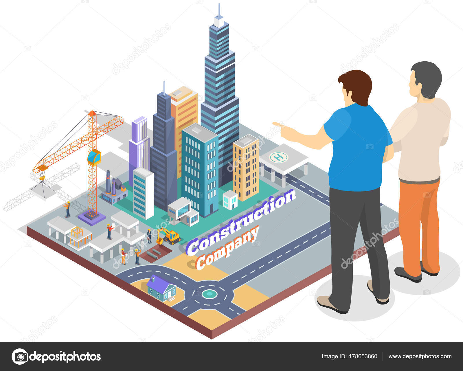 People look at layout of future modern city. Construction project ...