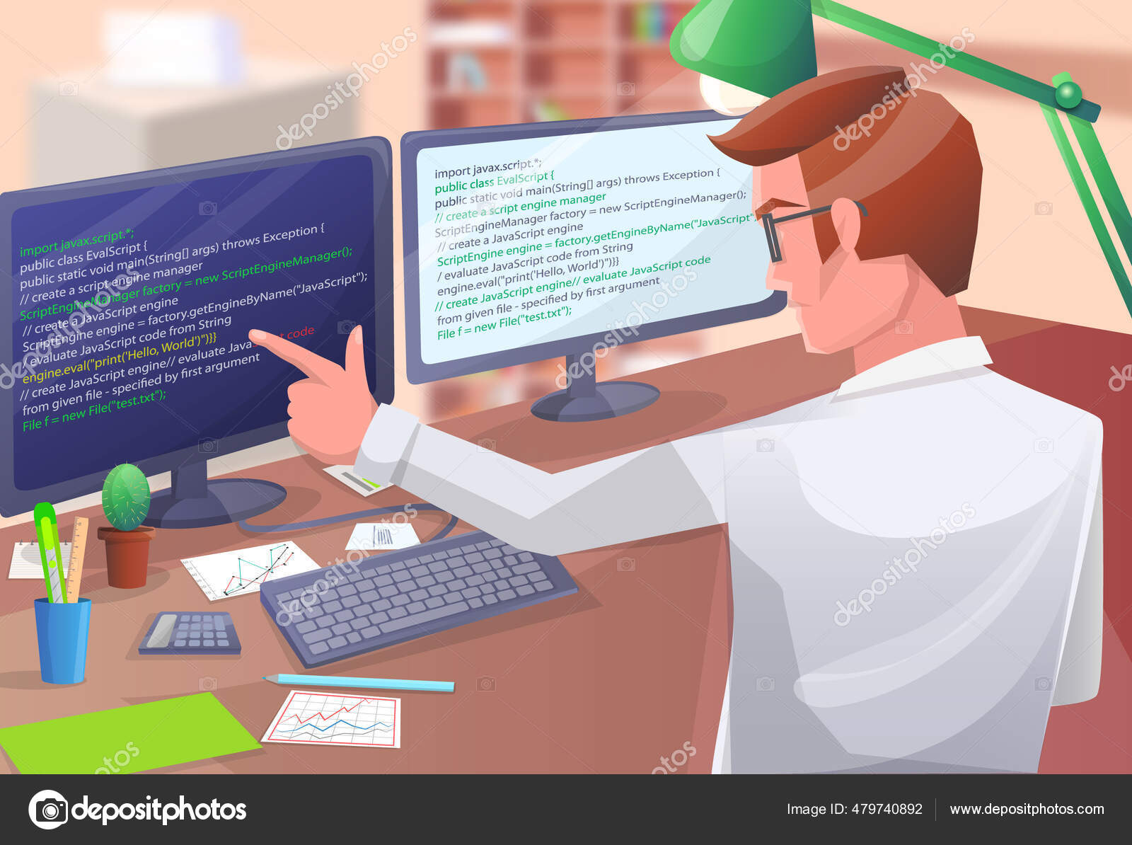 Office worker male character sitting at table with computer, programmer ...