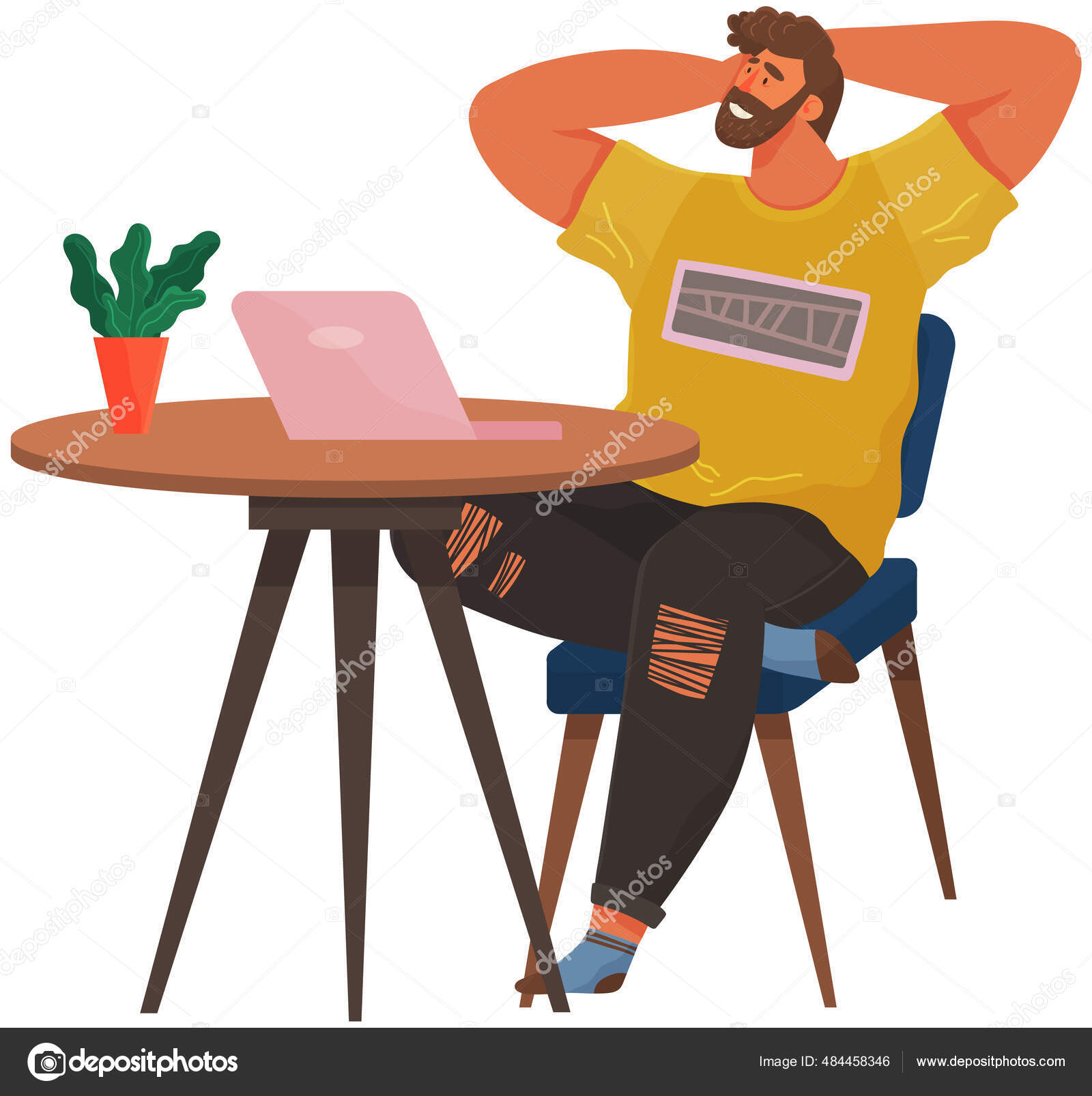 Happy man chilling on his working place. Relaxed guy sitting on chair ...