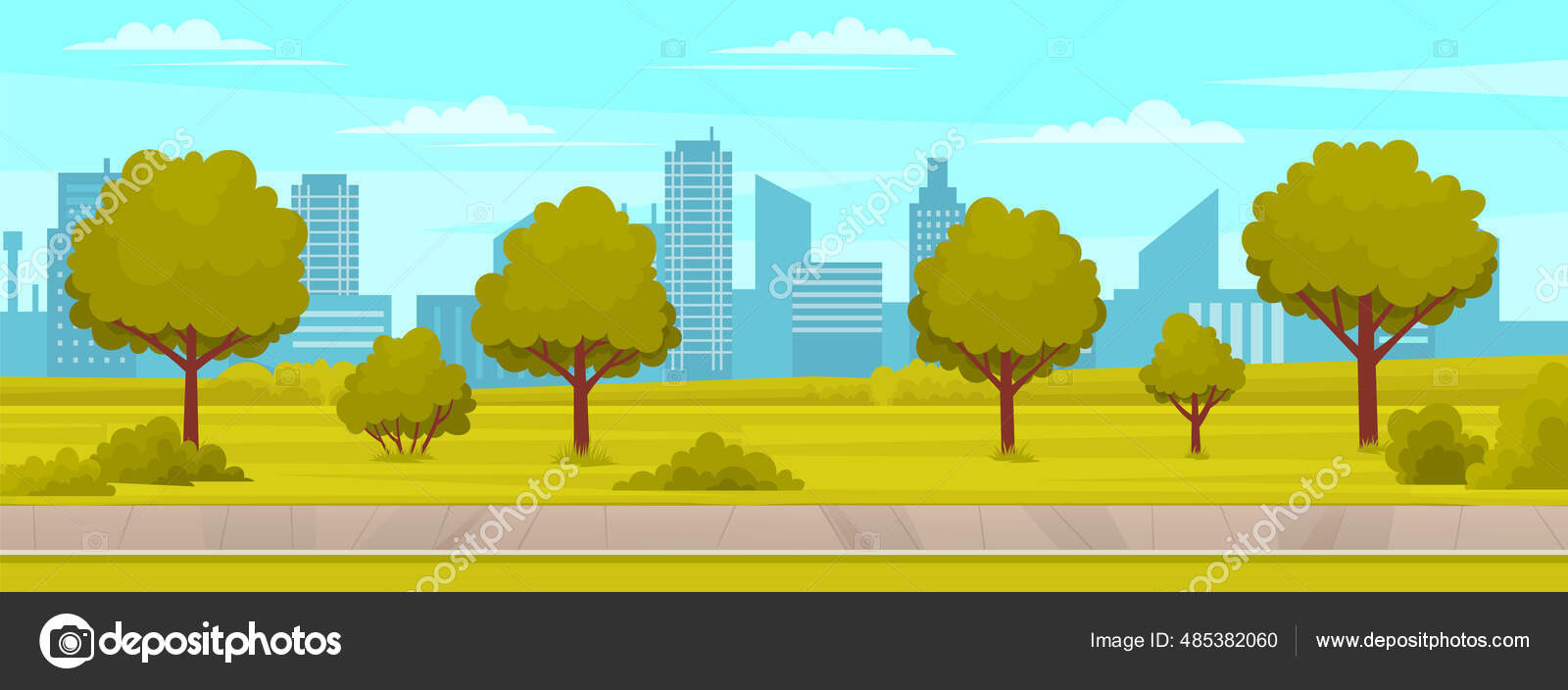 Natural landscape around highway. View of garden and roadway. Street ...