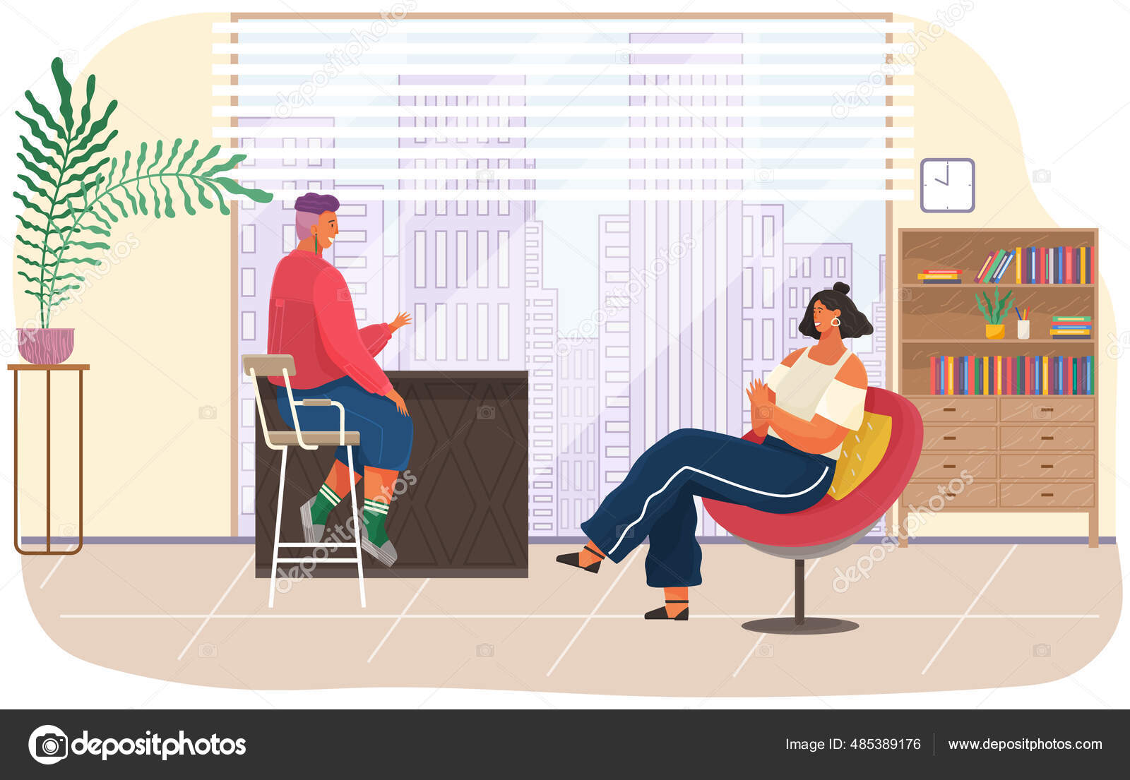 Communication, conversation at workplace. Female employees discussing ...