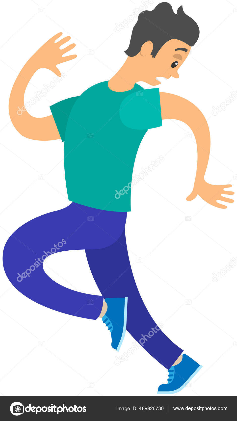 Frightened man running away looking back. Young guy with scared face ...