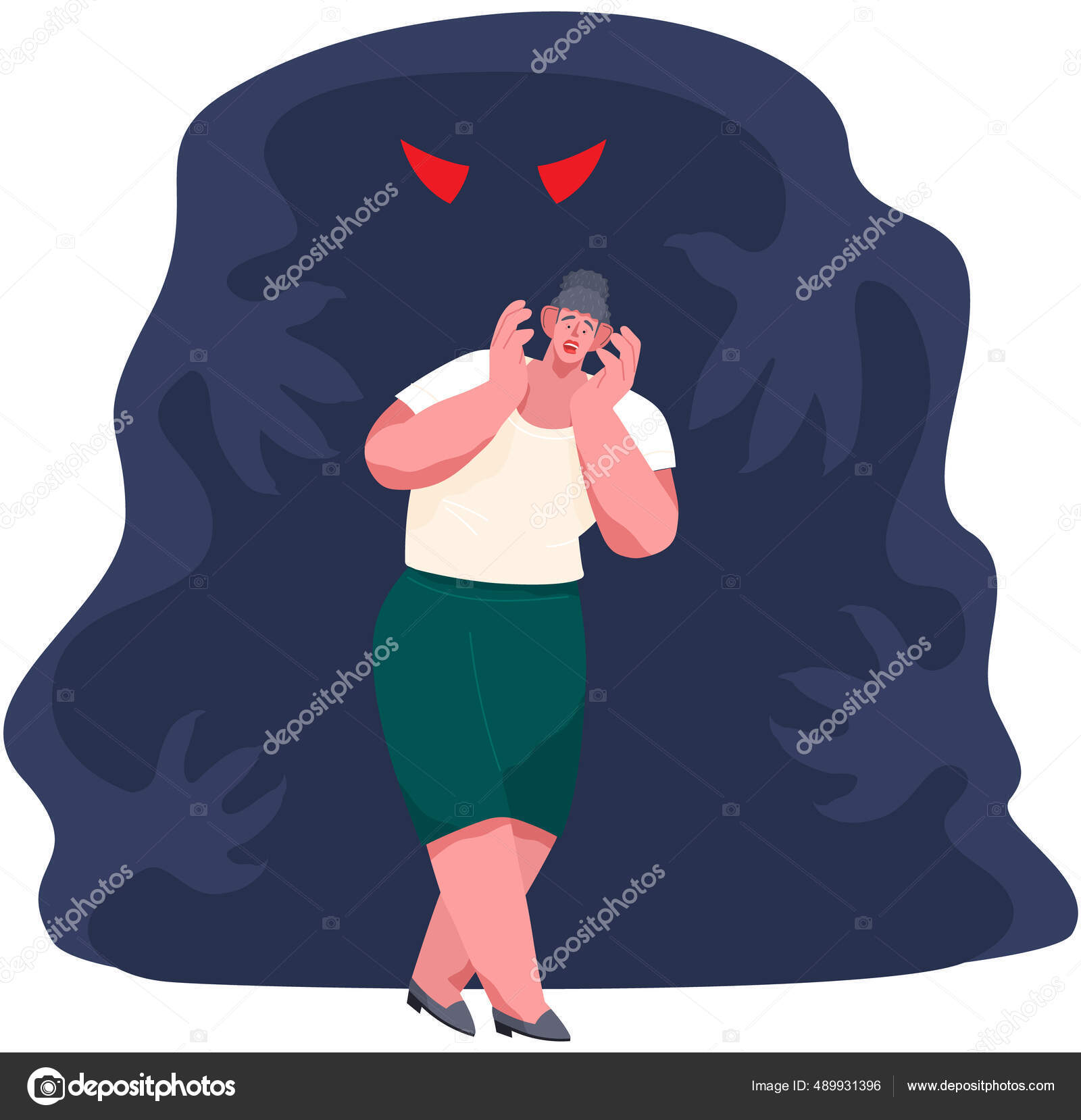 Scared woman and shadow monster behind her. Fear of darkness. Female ...