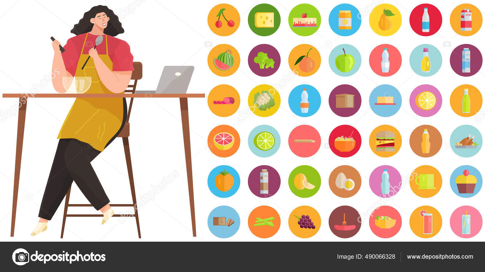 Girl sitting at table and watching culinary video blog on computer ...