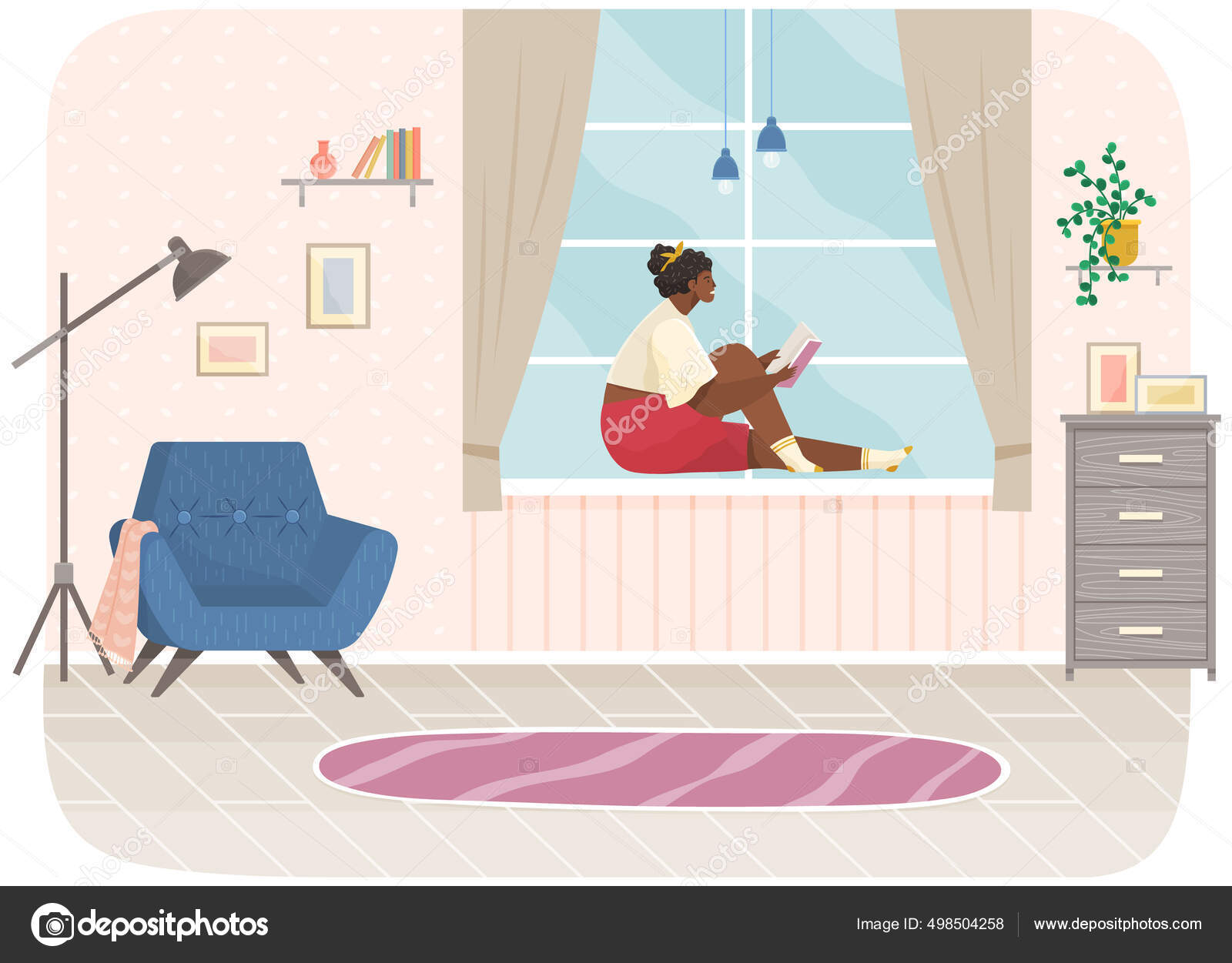 Young woman sitting on windowsill at home looking out window, relaxing ...