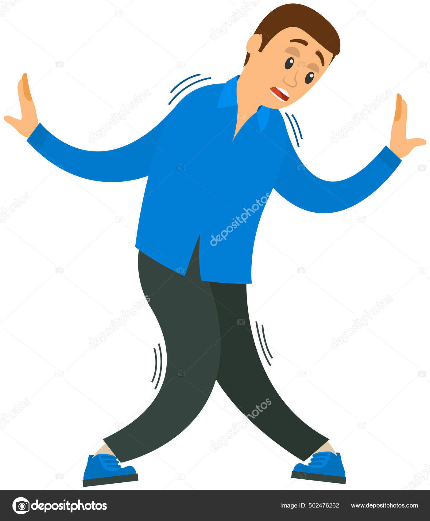 Scared male character spreads space around himself. Man in strange pose ...