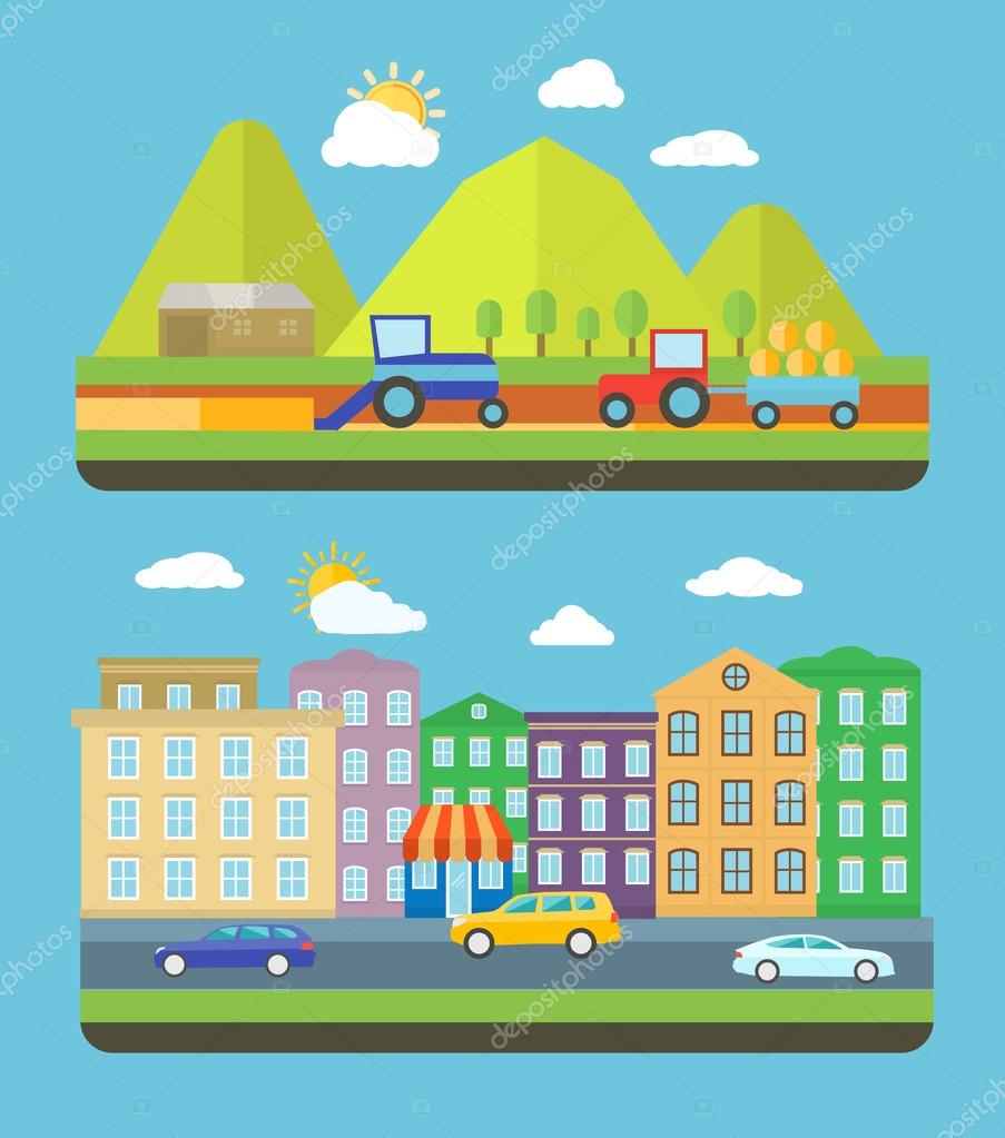 City and farm vellage — Stock Vector © robuart #68145603