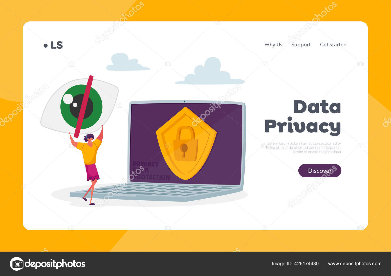 Privacy Landing Page Template. Tiny Female Character with Huge Crossed ...