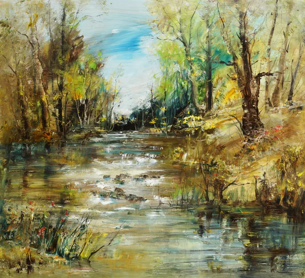 Trees by the river, a landscape oil painting - Stock Image - Everypixel