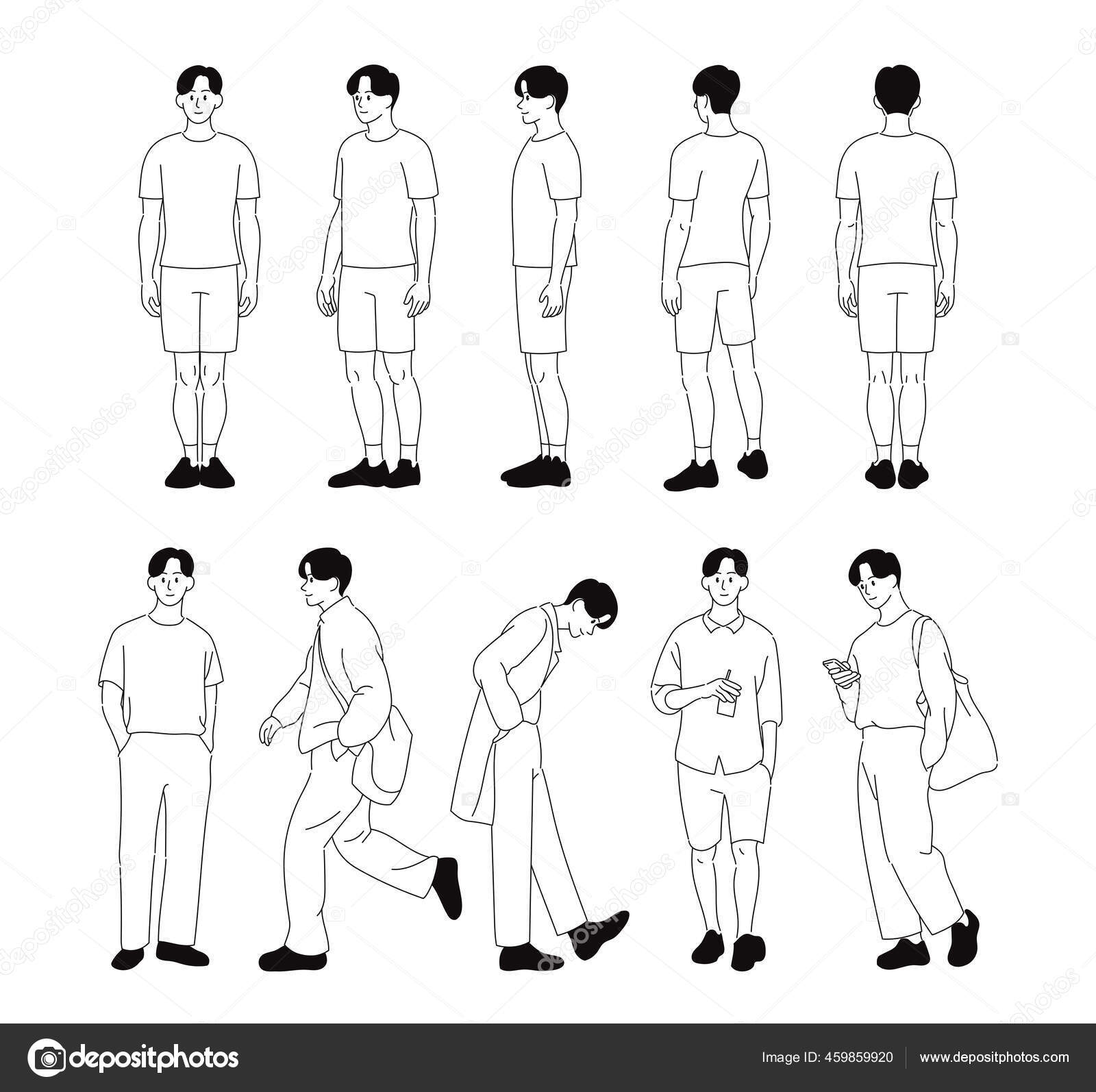 Man Character Various Views Basic Posture Set Hand Drawn Style Stock ...