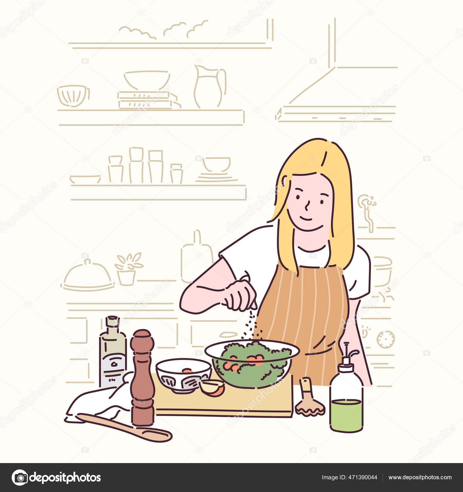Woman Making Salad Hand Drawn Style Vector Design Illustrations Stock ...