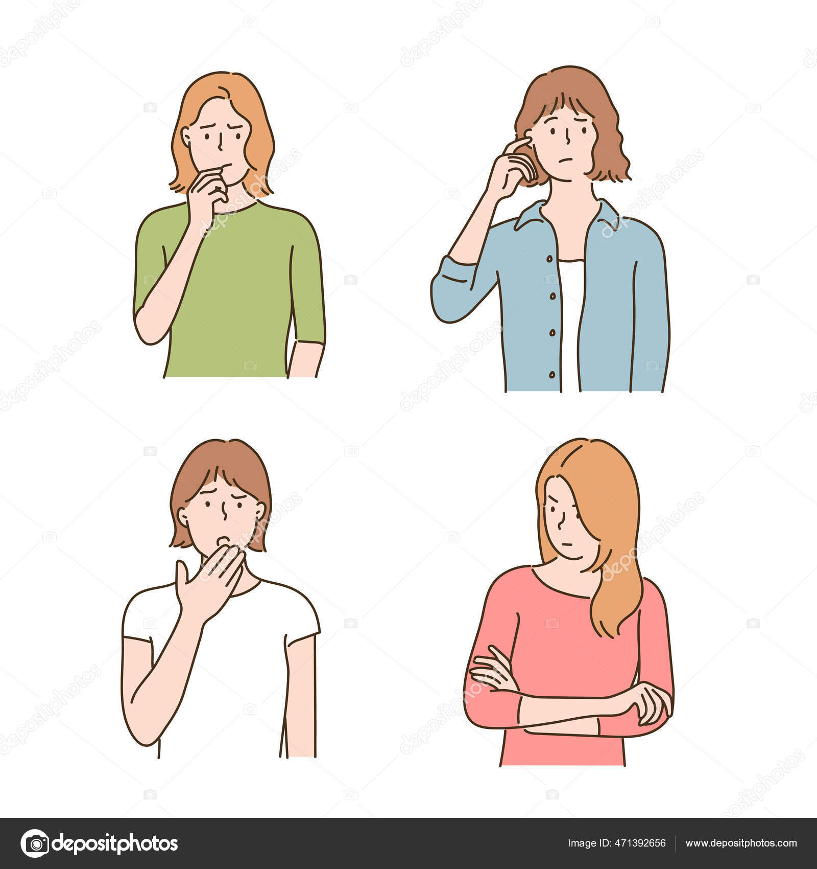 Female Character Sensitive Nervous Expression Hand Drawn Style Vector ...