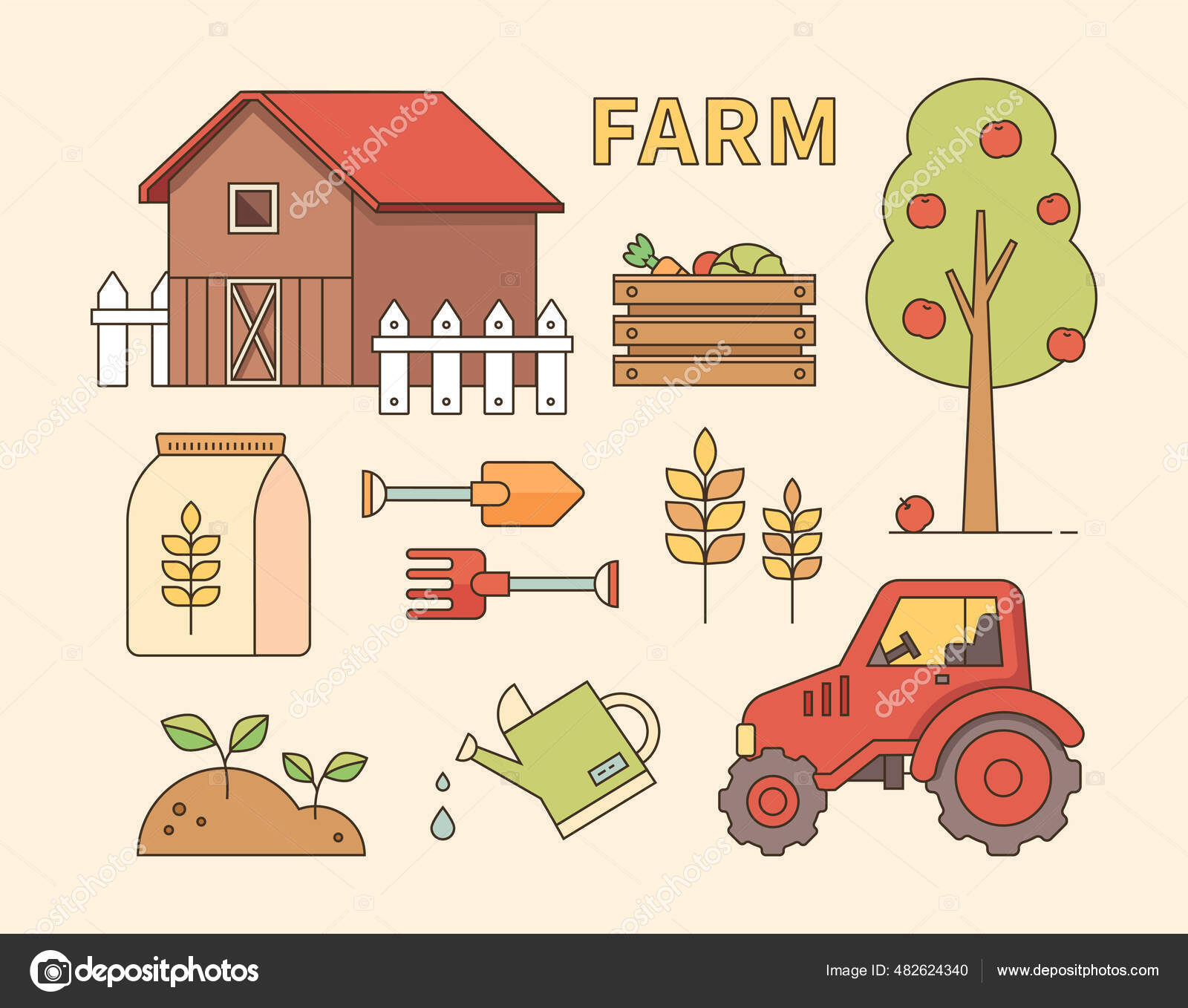 Rural Farm Collection Icons Needed Farming Flat Design Style Minimal ...