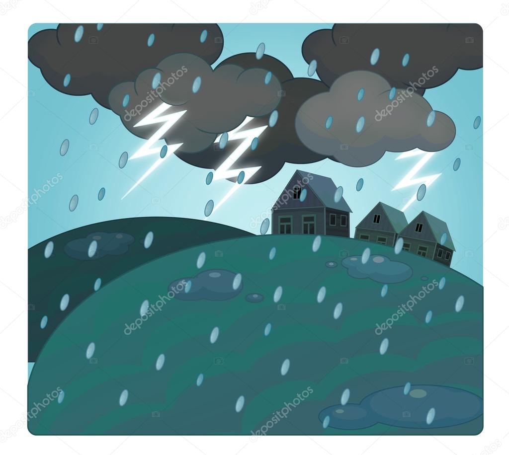 Escena de dibujos animados con el tiempo - tormenta sobre el pueblo ...