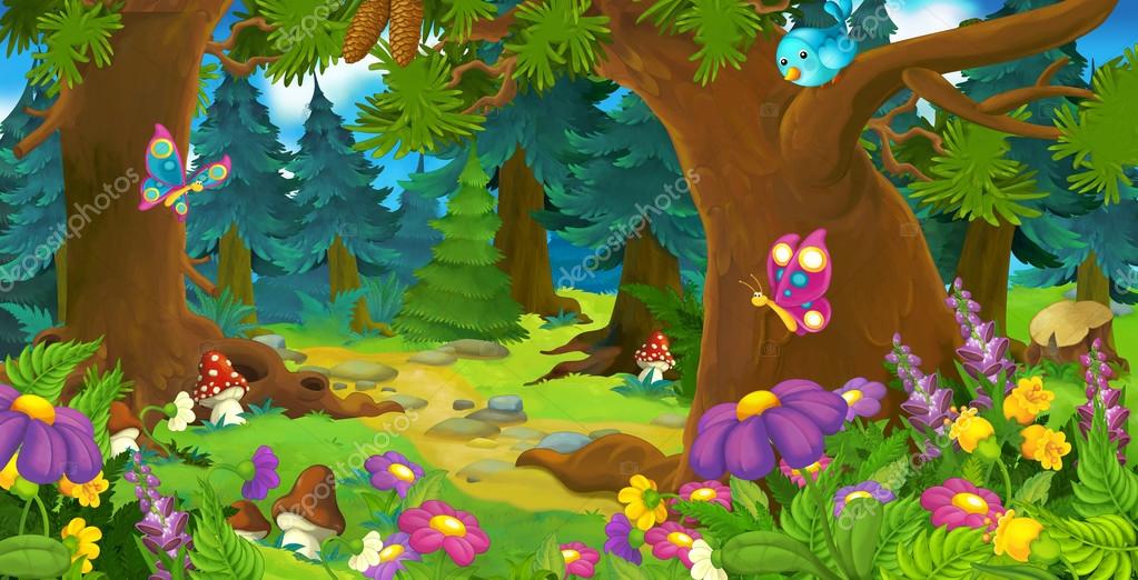 Escena de bosque de dibujos animados - ilustración para niños ...