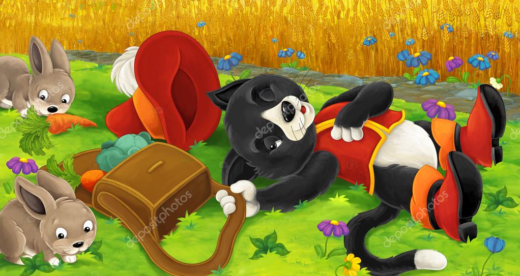 Cartoon scene with clever cat pretending to sleep - luring rabbits into ...