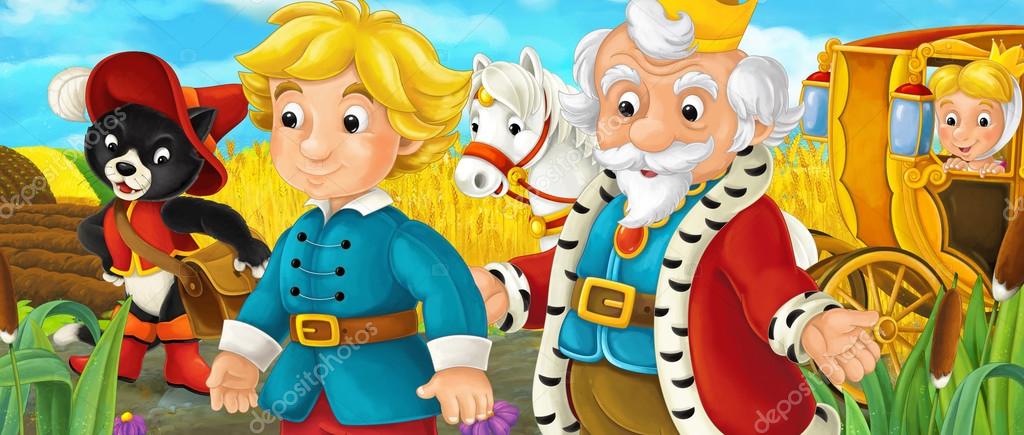 Cartoon scene with royal procession driving through the pastures ...