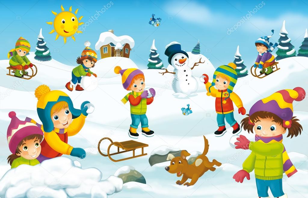 Winter cartoon with children Stock Illustration by ©agaes8080 #53531635