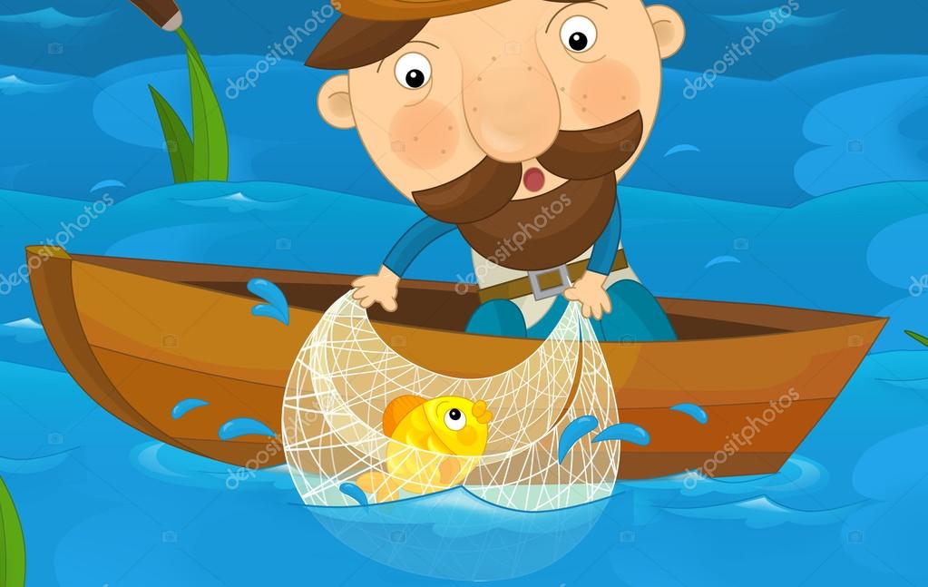 Cartoon scène pêcheur capture des poissons — Illustration de stock par ...