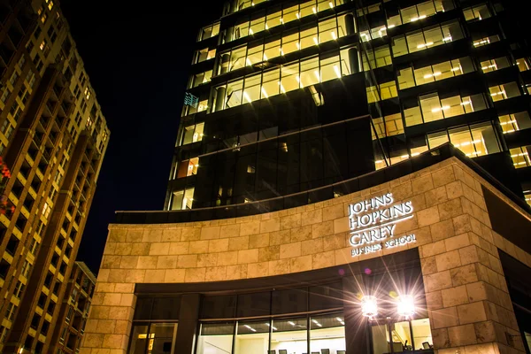 John Hopkins Carey Business School at night in Harbor East, Balt ...