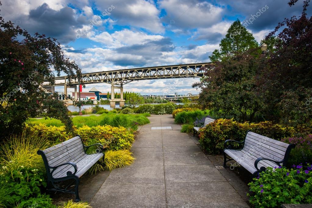 Benches and gardens at the South Waterfront Park in Portland, Or ...