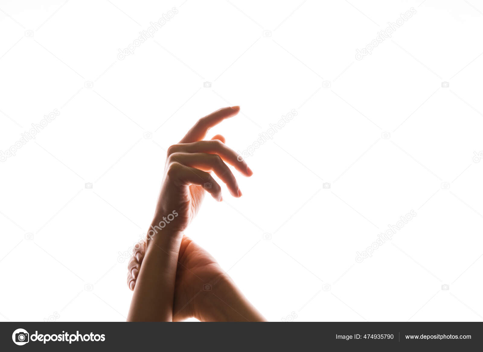 Hand gestures. Elegant female hands one hand stretches forward, the ...