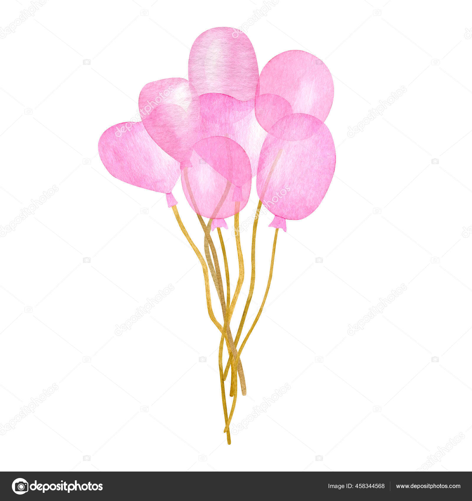 Watercolor pink balloons. Hand drawn bunch of cute air balloons for ...