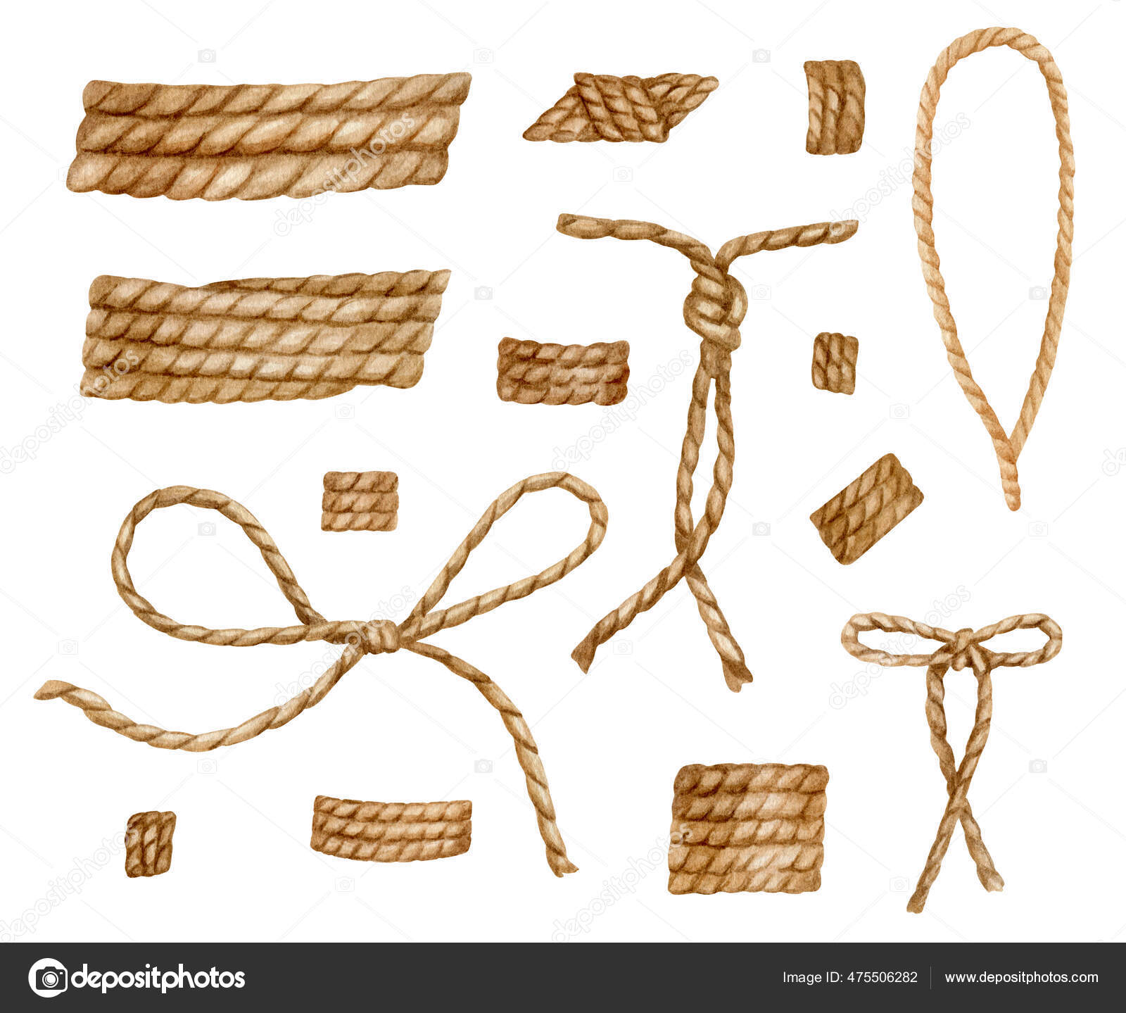 Watercolor Rope Set Hand Drawn Jute Cord Woth Knots Illustration Stock ...