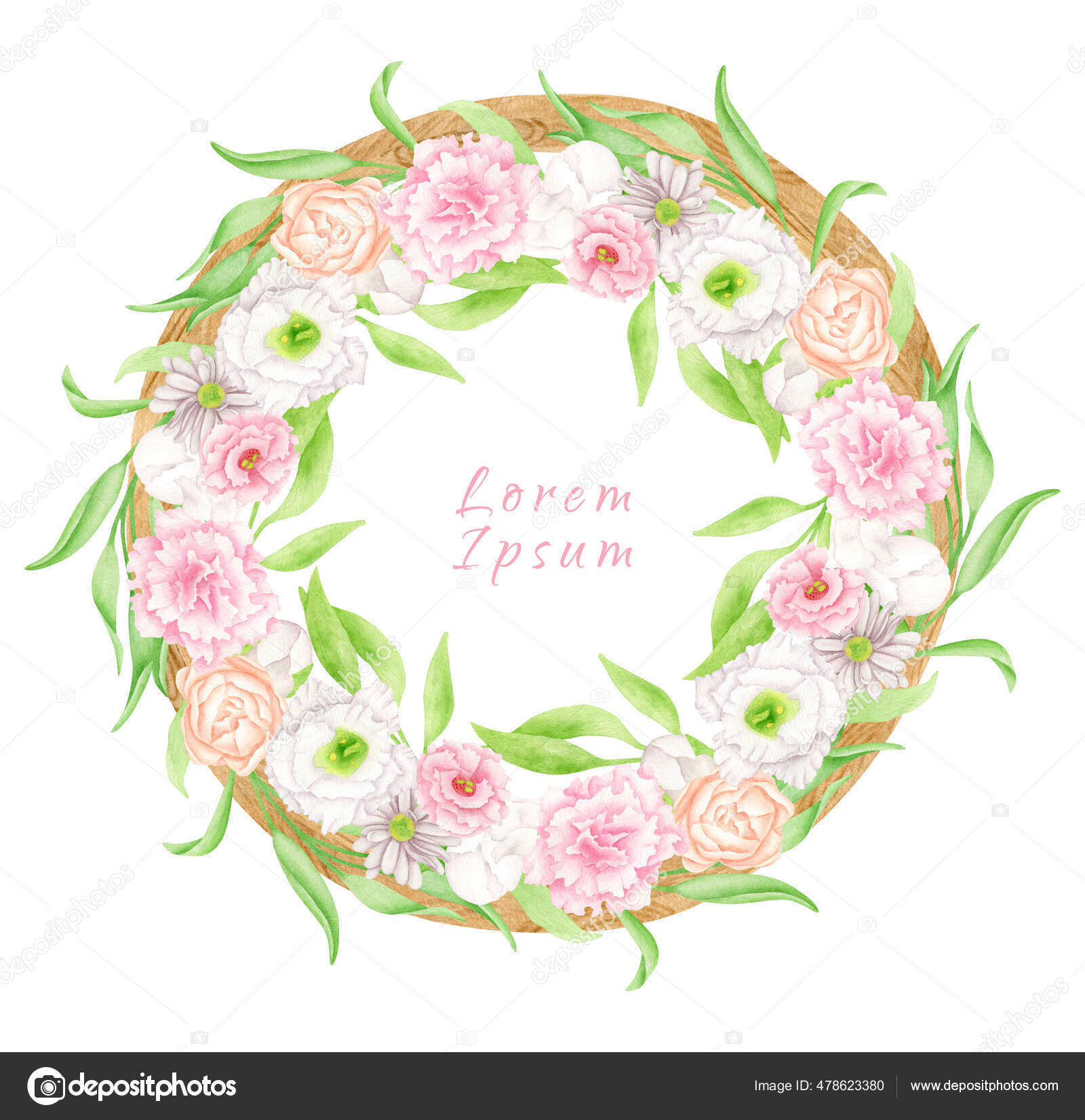 Watercolor rustic floral wreath with wood frame. Hand drawn greenery ...